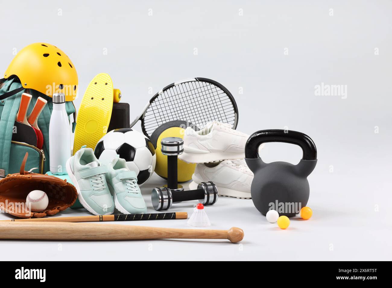 Many different sports equipment on light grey background Stock Photo ...