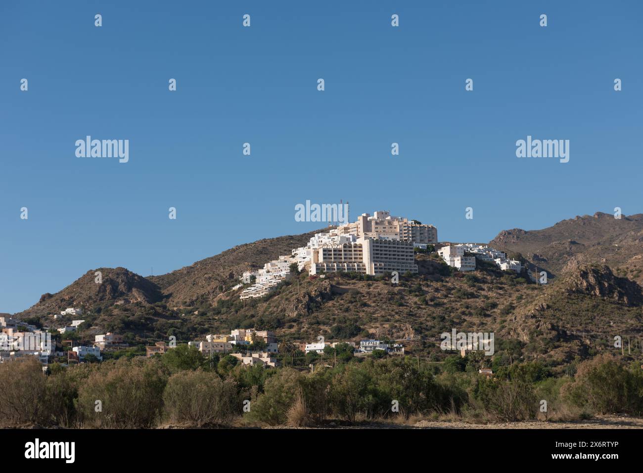 Old Mojacar on the hillside with white washed houses and narrow streets ...