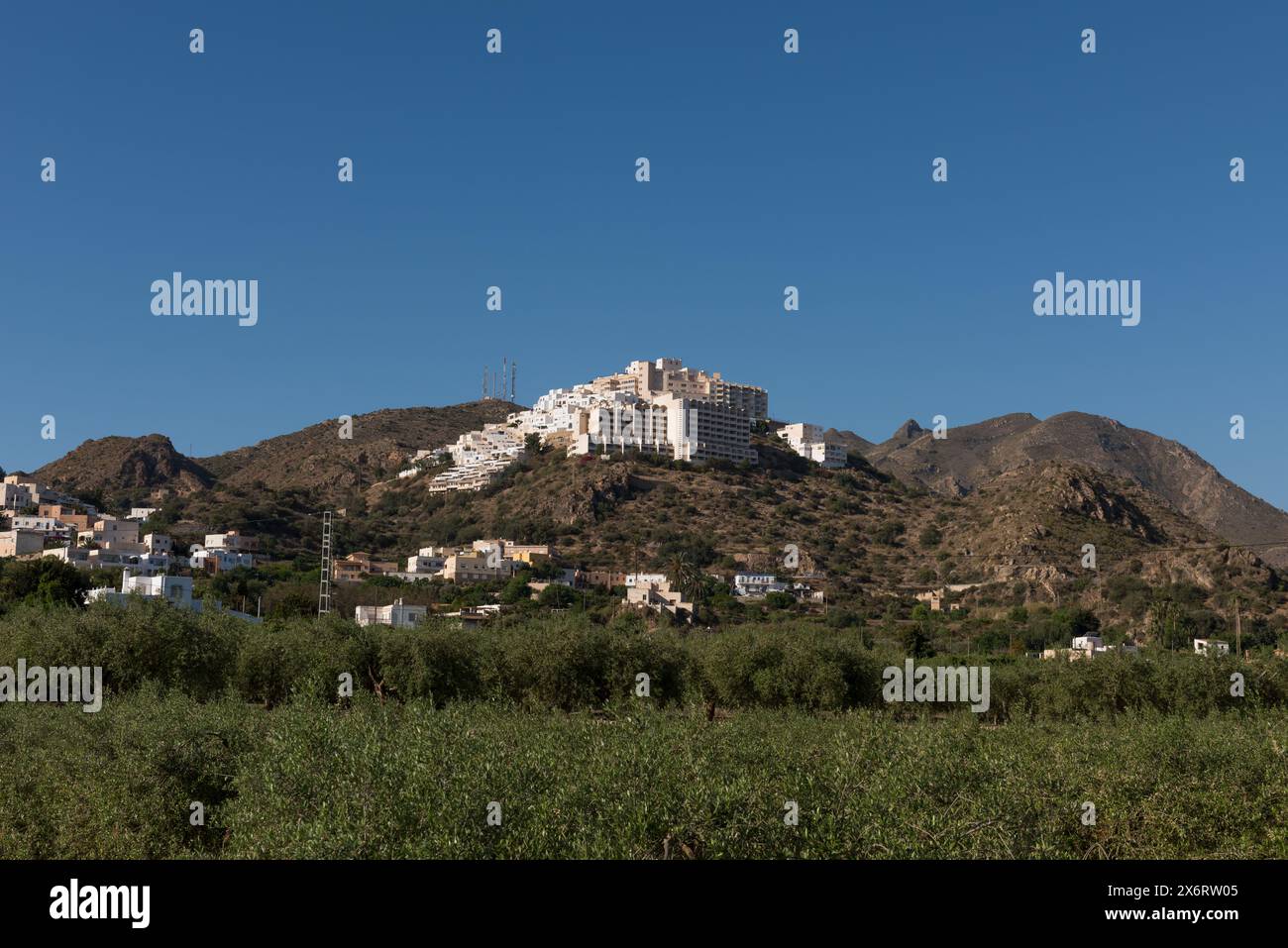 Old Mojacar on the hillside with white washed houses and narrow streets ...