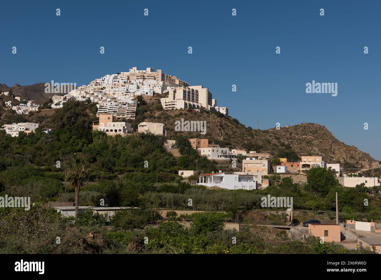 Old Mojacar on the hillside with white washed houses and narrow streets ...