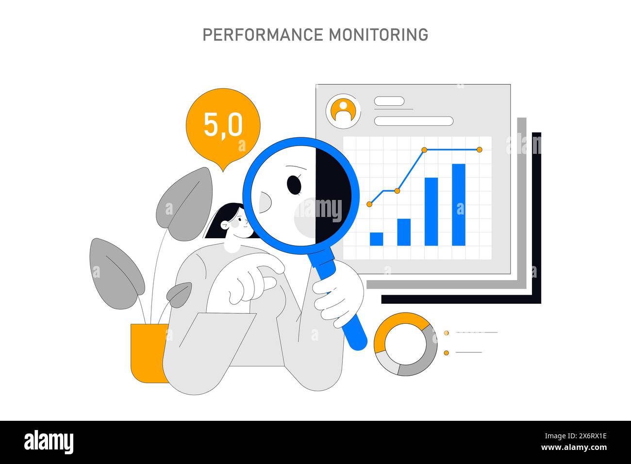 Performance monitoring concept. An analytical character examines data ...