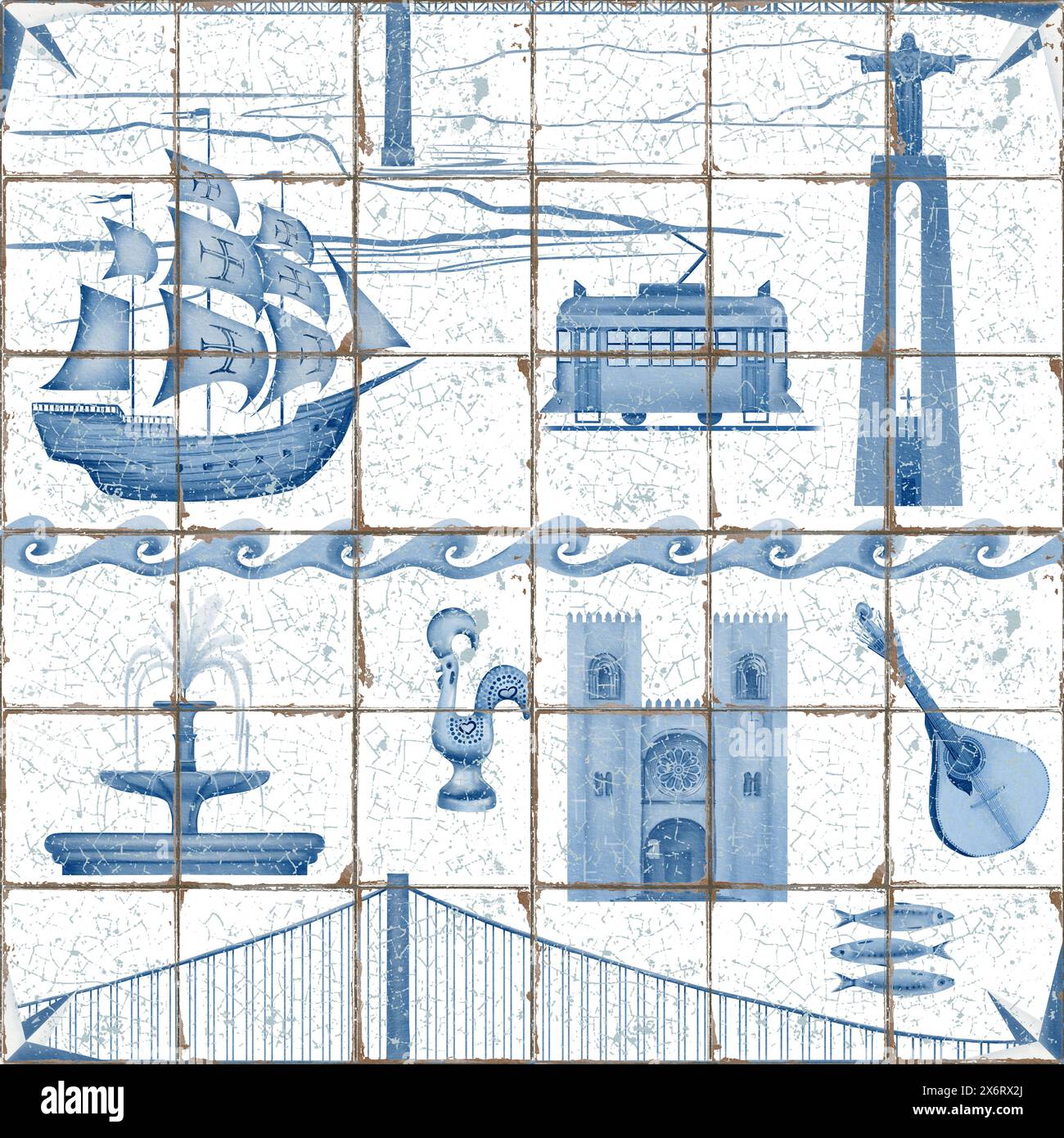 Symbols of portugal stylized monochrome in seamless pattern on old ...