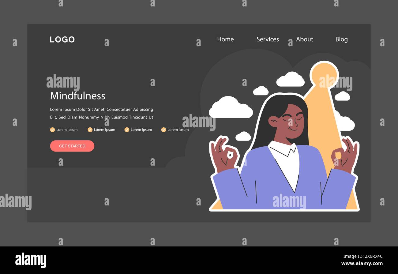 Serene woman practicing mindfulness night or dark mode web banner or ...