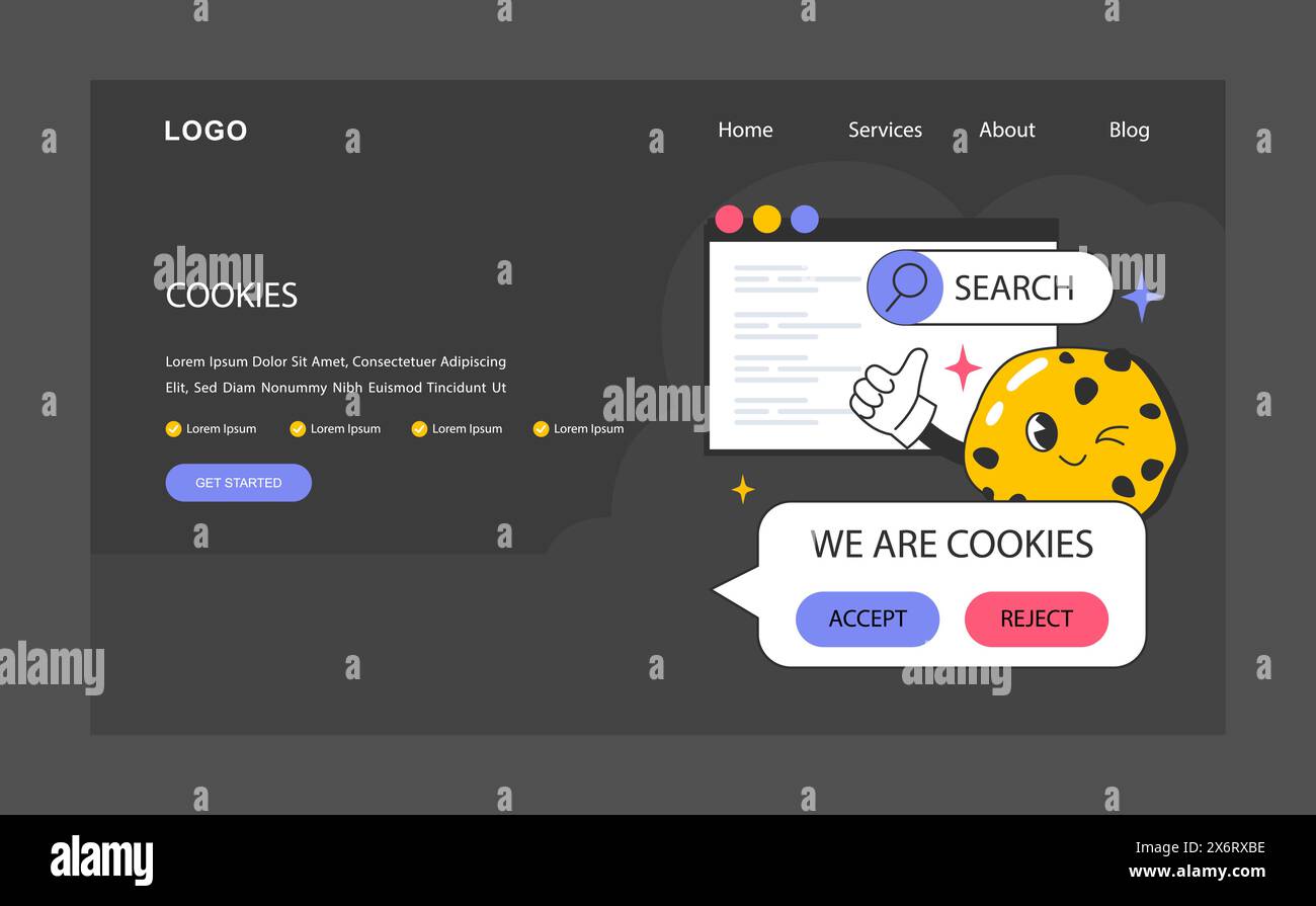 Cookie technology web banner or landing page dark or night mode. Web browser session tracking ...