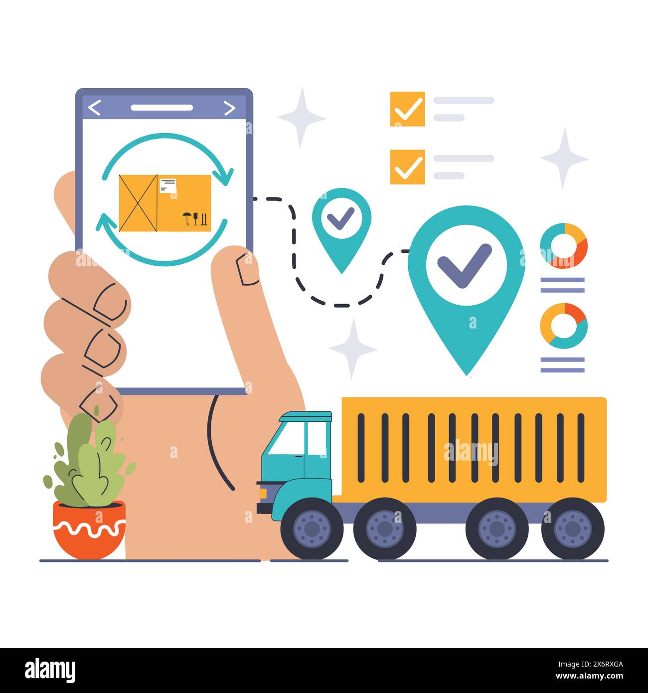 Reverse Logistics concept. Hand holding a smartphone coordinates the ...