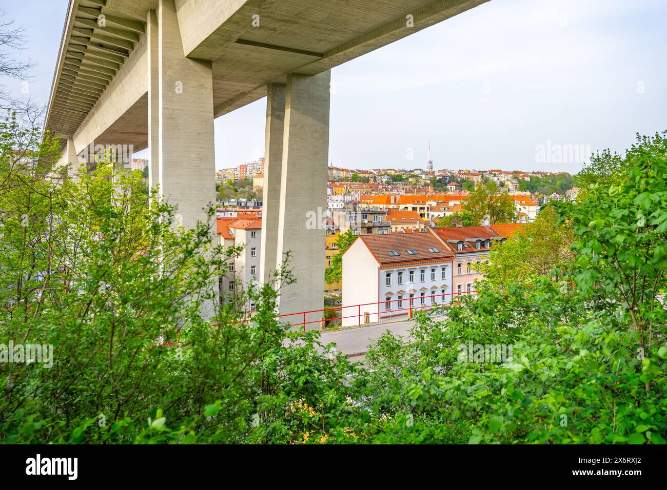 Lush green foliage frames the Nusle Bridge towering over traditional ...