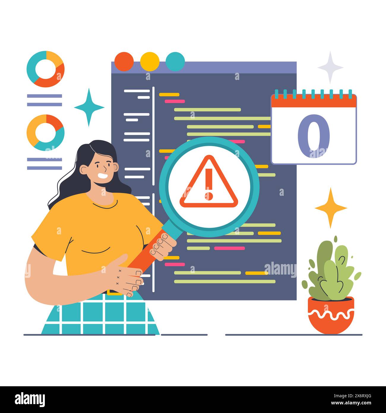 Zero day vulnerability discovered. Woman analyzing code, magnifying ... Zero day vulnerability discovered. Woman analyzing code, magnifying ...