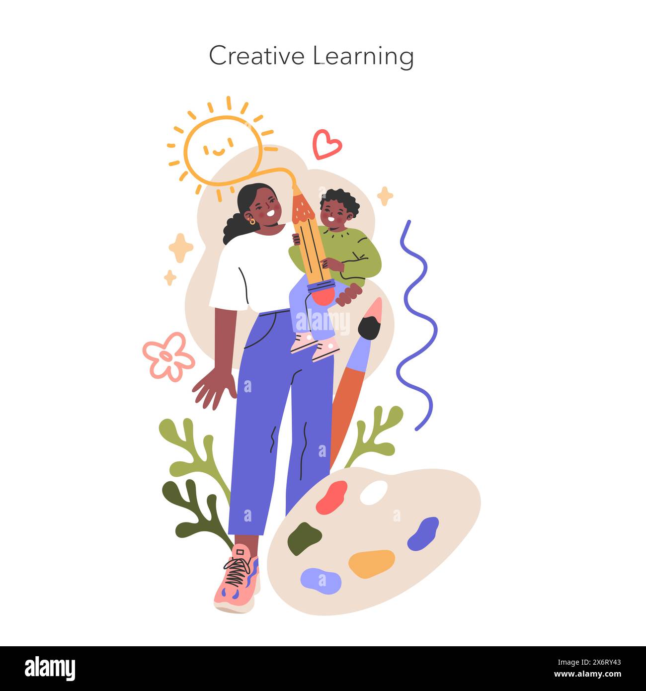Creative Learning illustration. Mother and child explore art ...