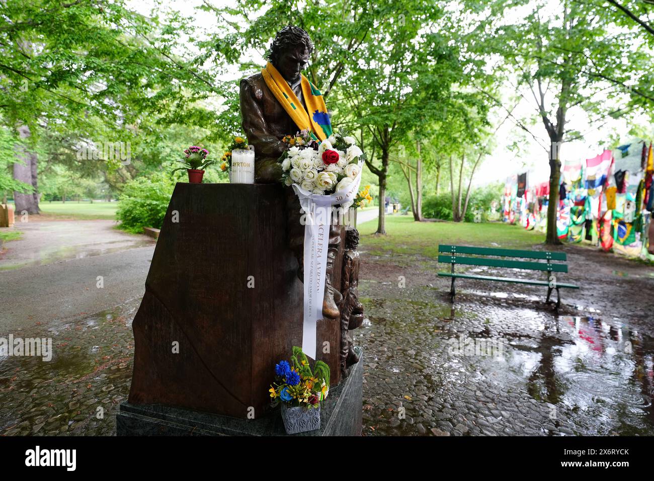 Tributes are laid at the Ayrton Senna Memorial at the Autodromo ...