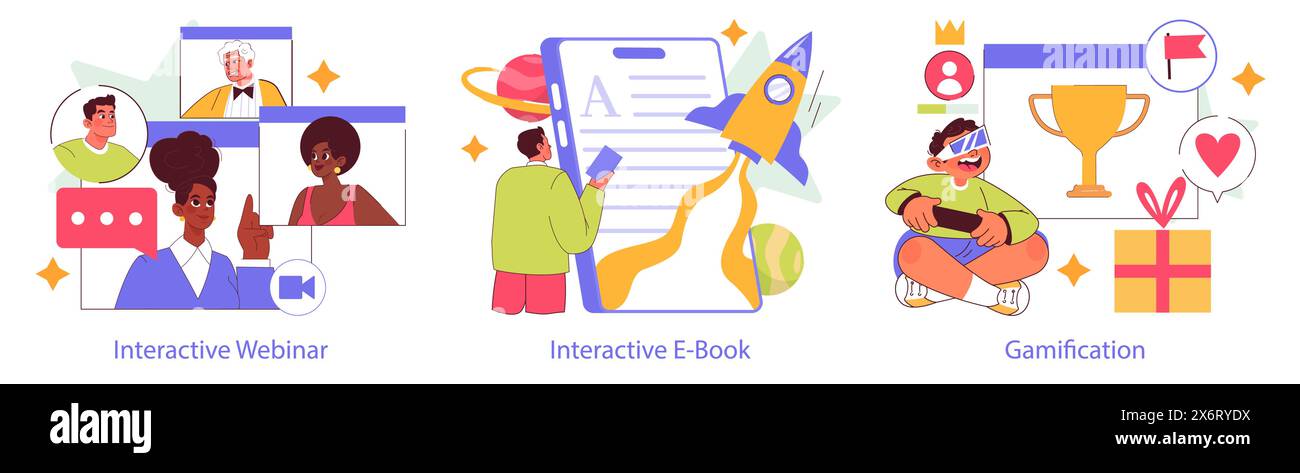 Interactive Engagement set. Webinar, e-book, and gamification elements ...