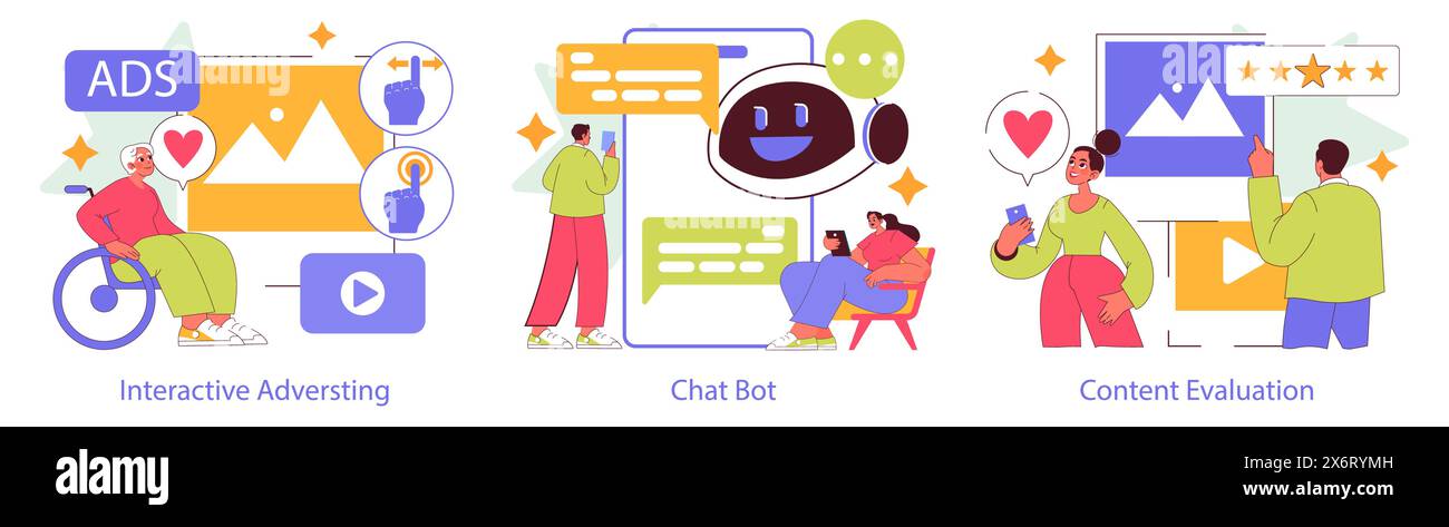 Digital Marketing set. Showcasing interactive advertising, chat bot ...