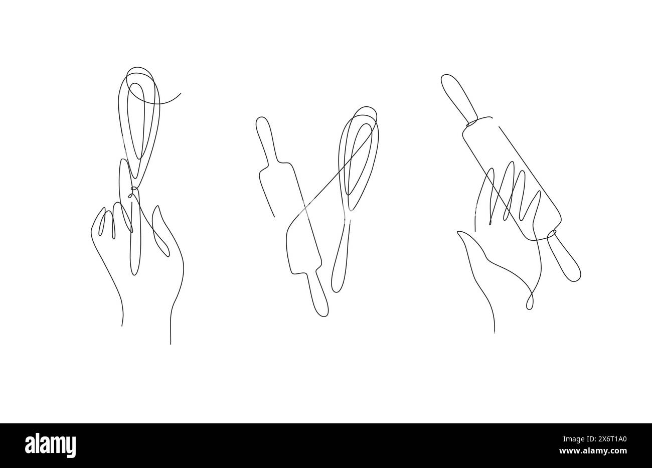 Bakery tools hand with whisk and rolling pin illustration drawing on ...