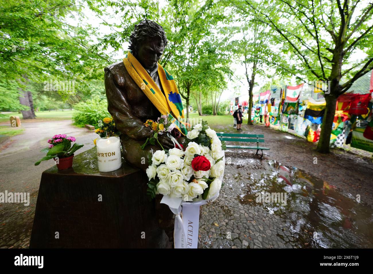 Tributes are laid at the Ayrton Senna Memorial at the Autodromo ...