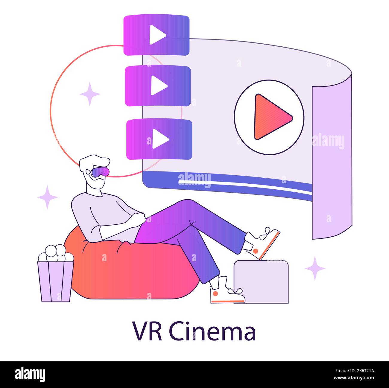 Virtual reality cinema concept. A person lounges on a beanbag, enjoying ...