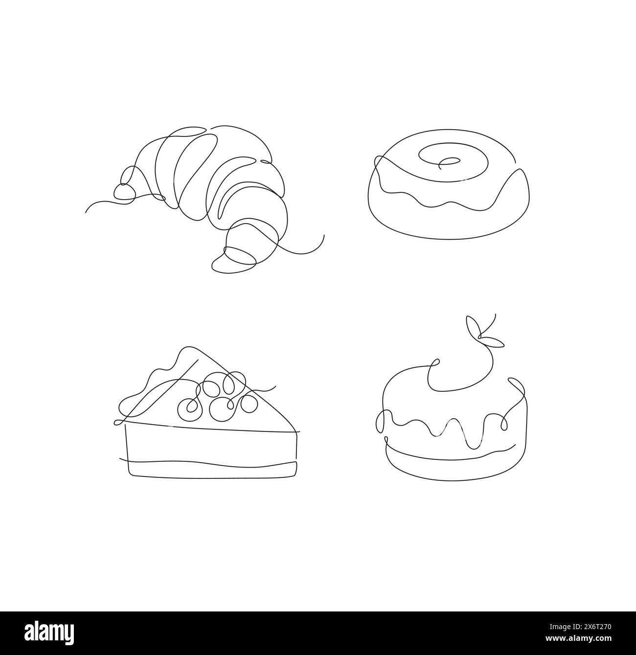 Bakery desserts cake, croissant, cupcake, bun icons drawing in linear style on white background ...