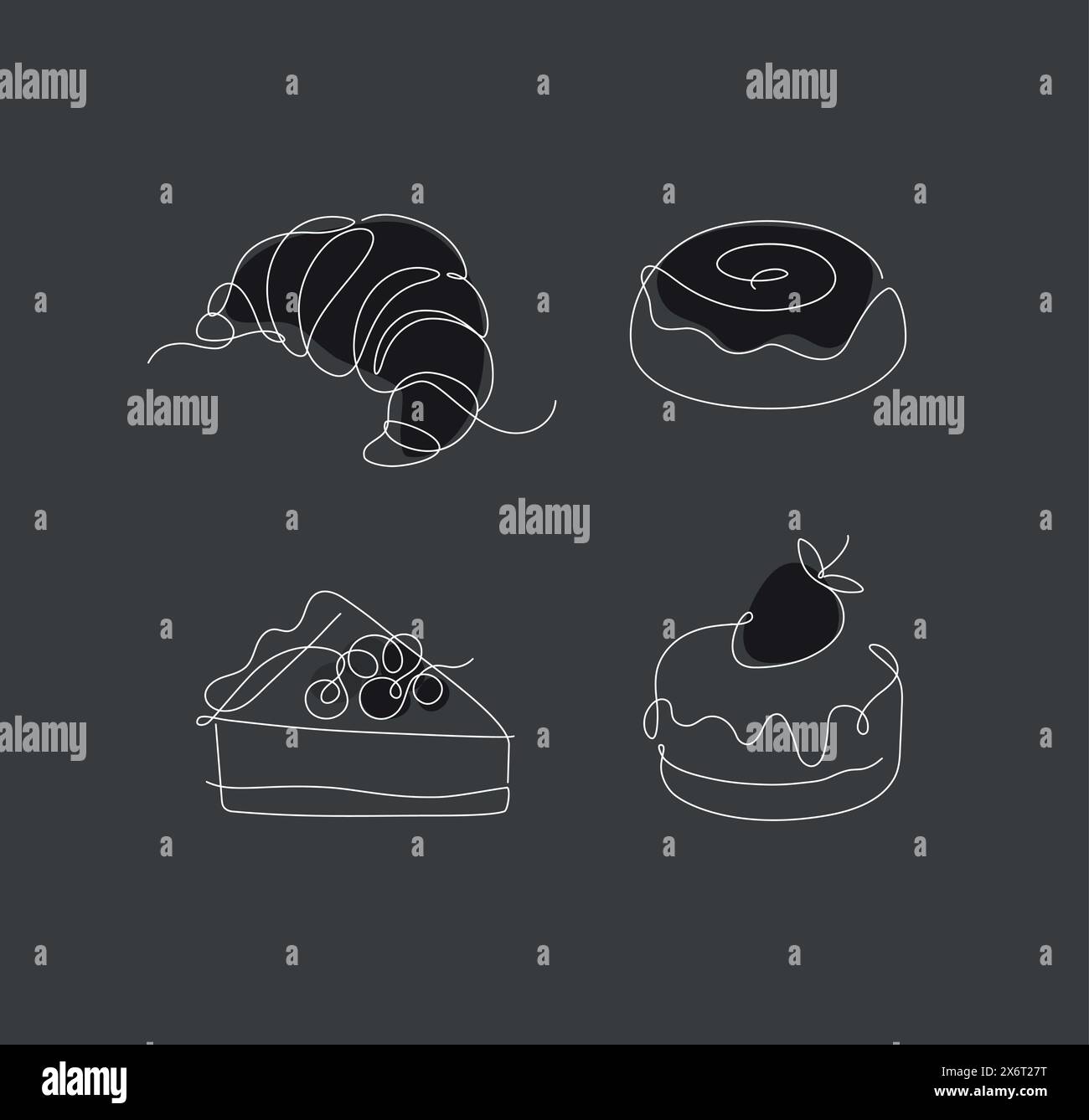 Bakery desserts cake, croissant, cupcake, bun icons drawing in linear style on black background ...