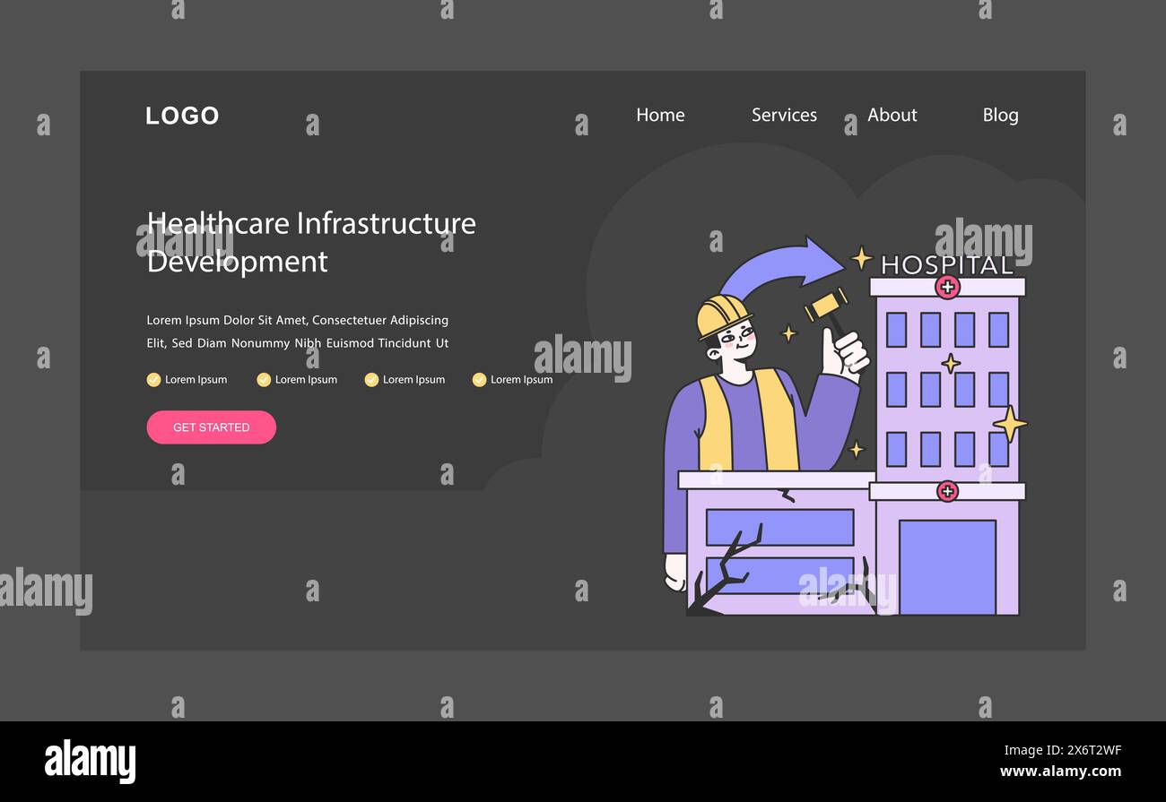 Healthcare Infrastructure Development concept. Construction worker ...