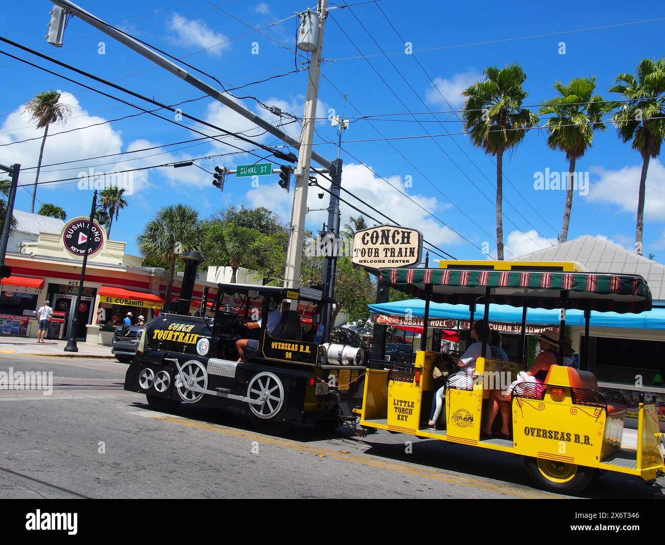 Tourists in a sightseeing trolley, Key West, Florida, USA, April 16 ...