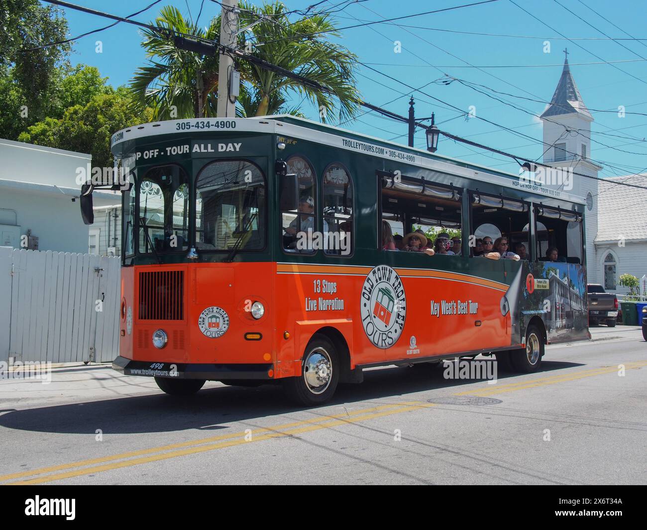 Tourists in a sightseeing trolley, Key West, Florida, USA, April 16 ...
