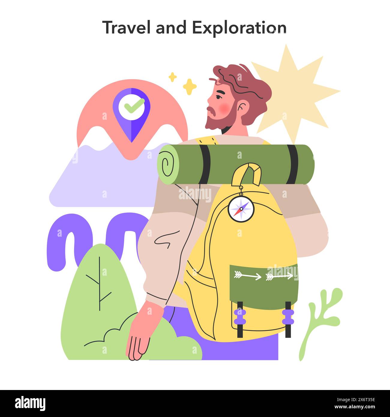 Travel and Exploration theme. An explorer with a backpack gazes at a ...