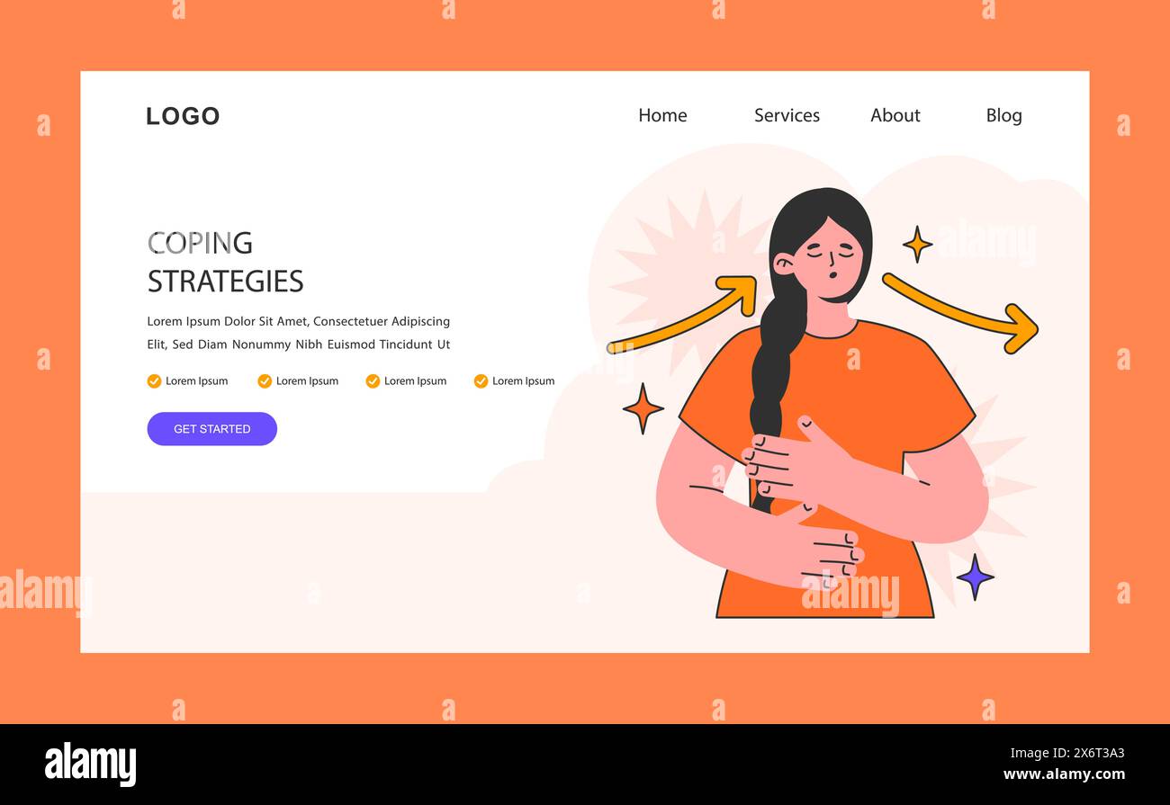Woman managing stress and anxiety using coping strategies web banner or ...