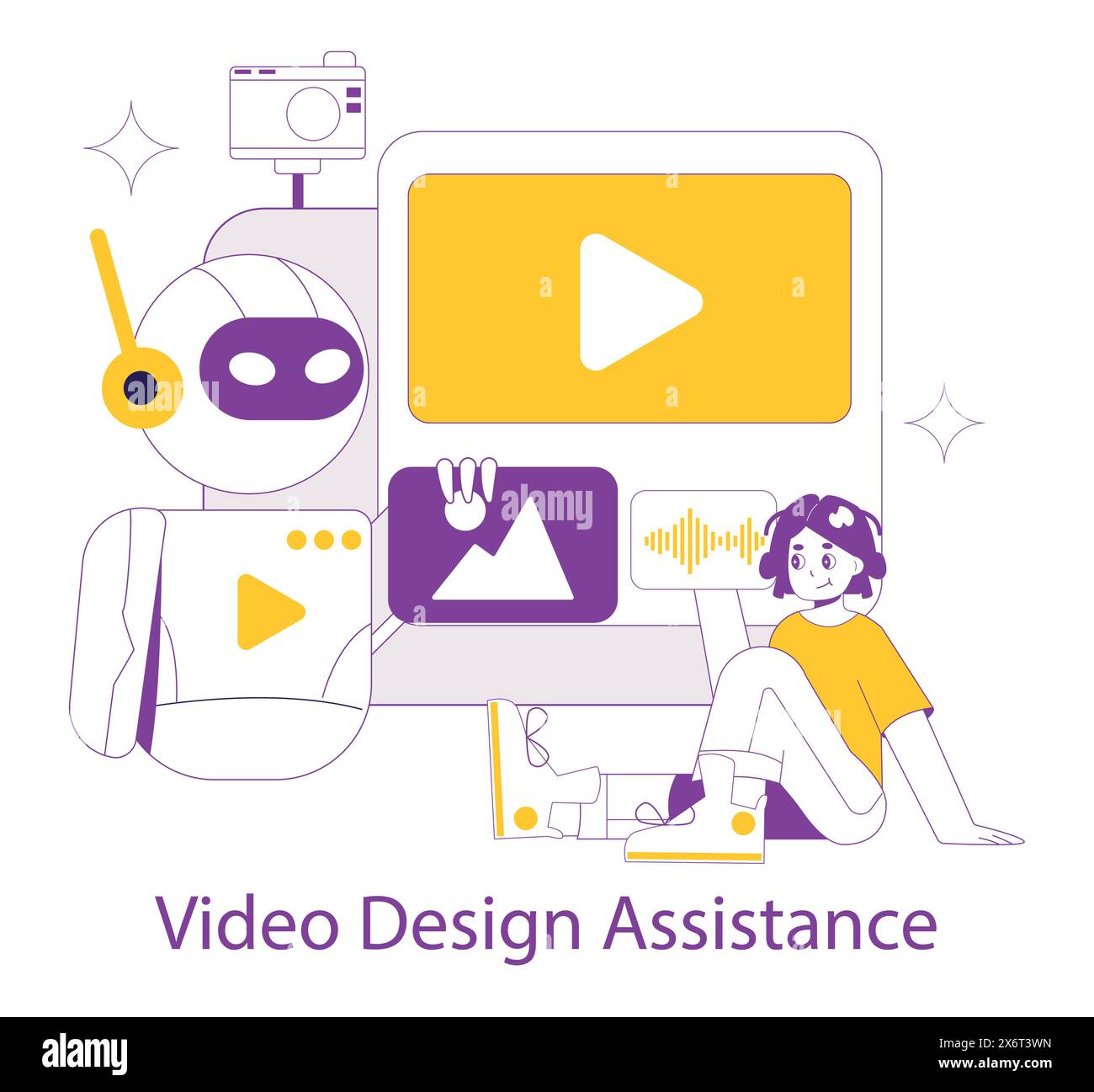 AI for Video Creation concept. An AI robot assists a content creator ...
