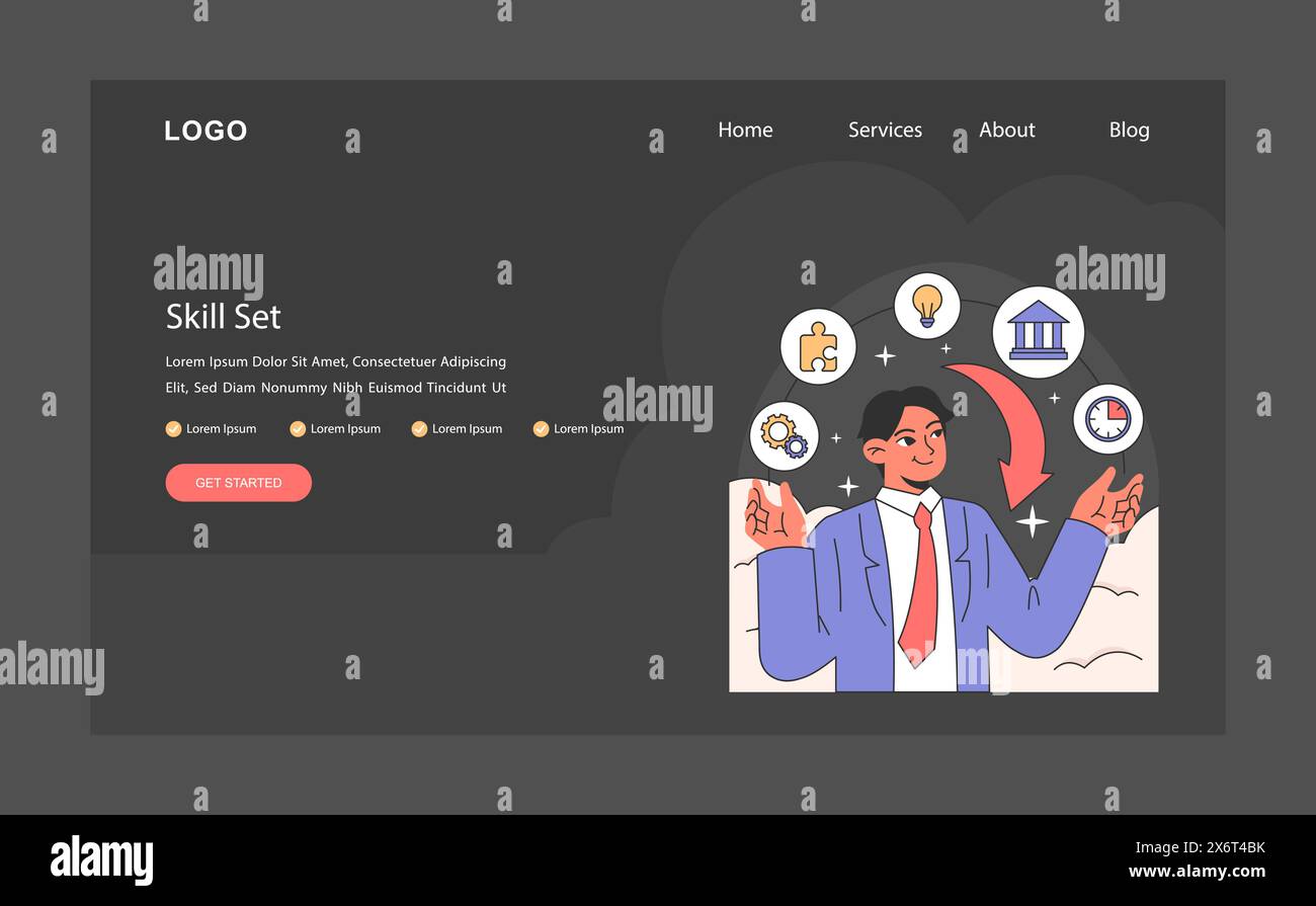 Skill set dark or night mode web, landing. A professional juggles ...
