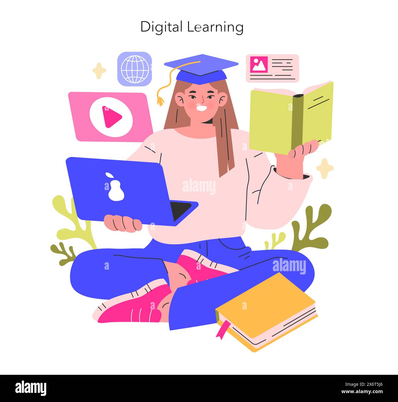 Digital Learning concept A student in graduation cap multitasks with a ...