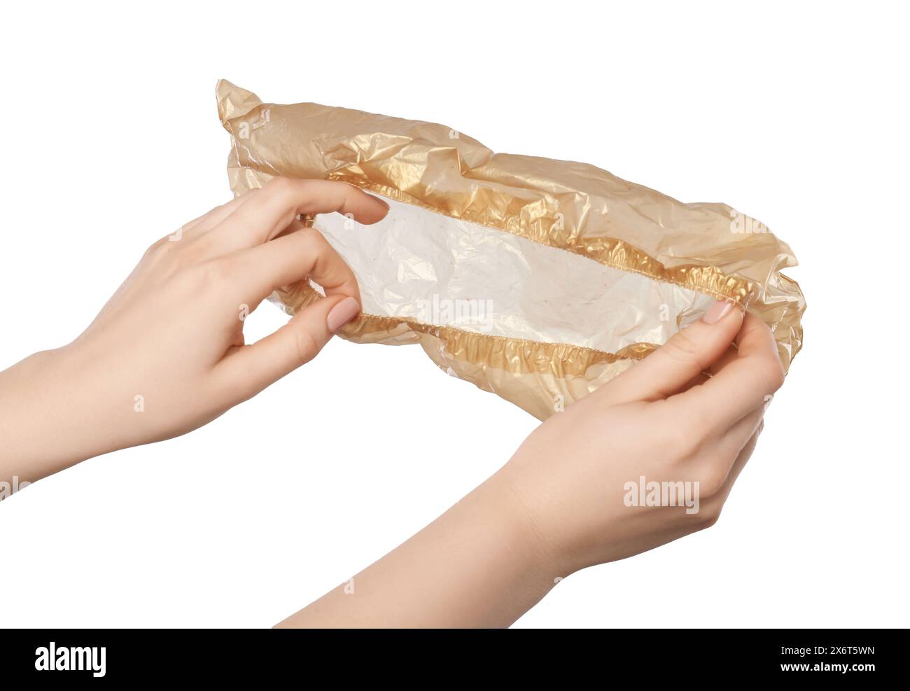 Woman holding one shoe cover on white background, closeup Stock Photo ...
