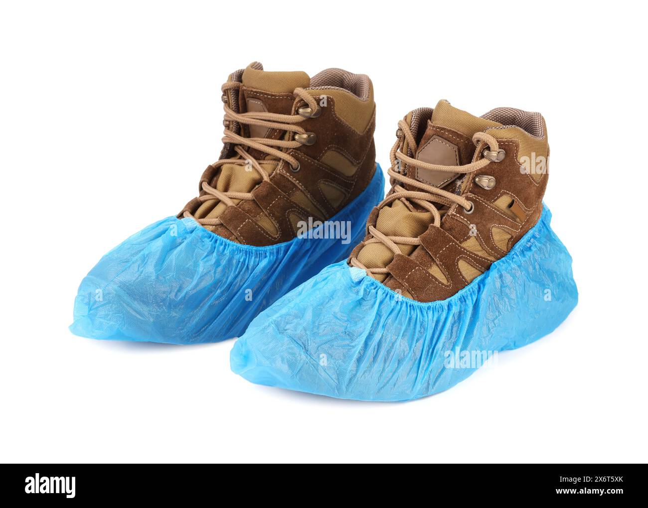 Boots in blue shoe covers isolated on white Stock Photo - Alamy