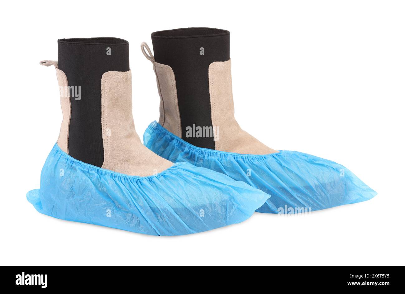 Women's boots in blue shoe covers isolated on white Stock Photo - Alamy