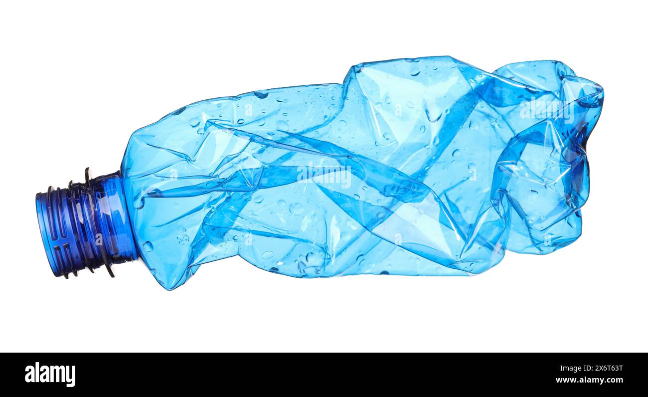 Crumpled disposable plastic bottle isolated on white Stock Photo - Alamy