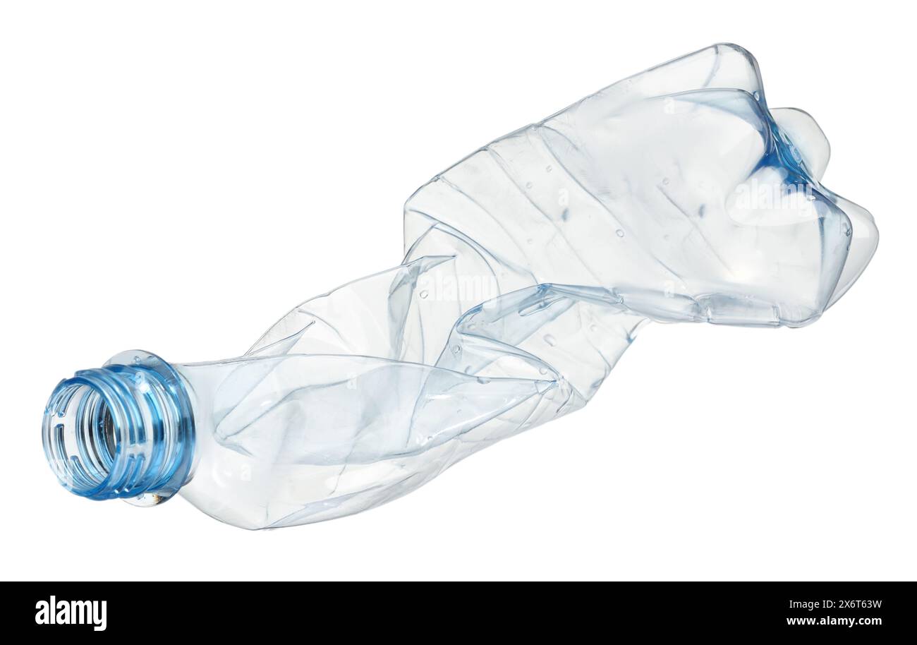 Crumpled disposable plastic bottle isolated on white Stock Photo - Alamy