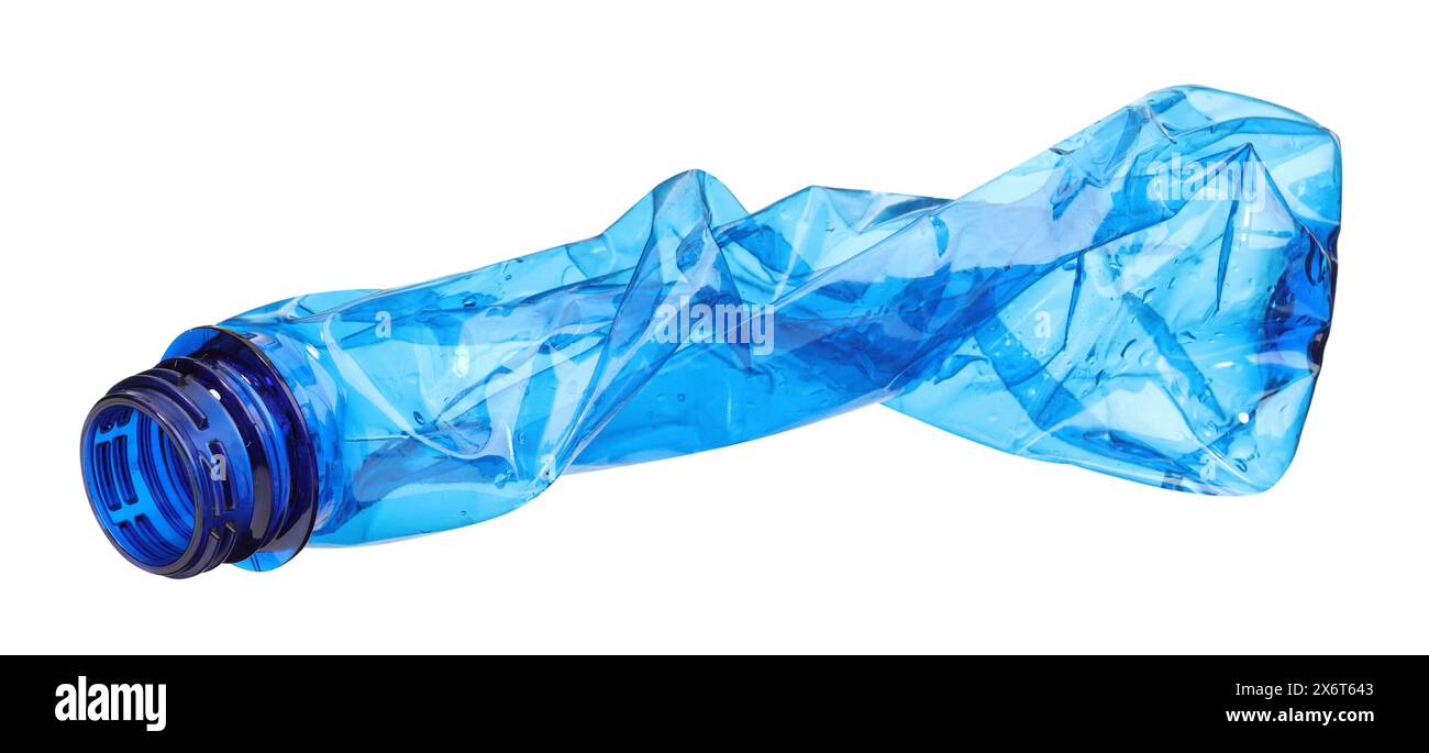 Crumpled disposable plastic bottle isolated on white Stock Photo - Alamy