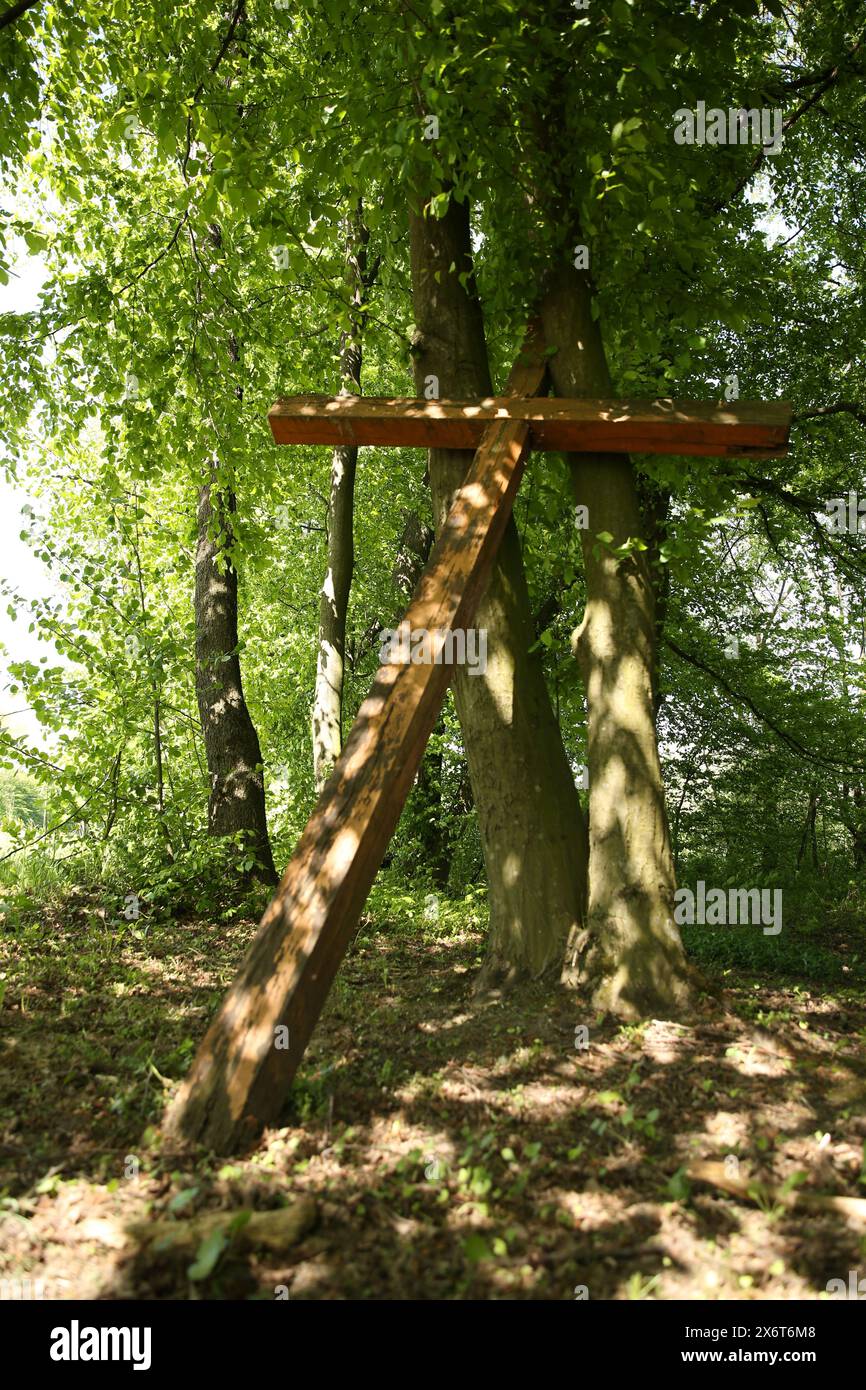 Wooden cross near trees in park outdoors Stock Photo - Alamy