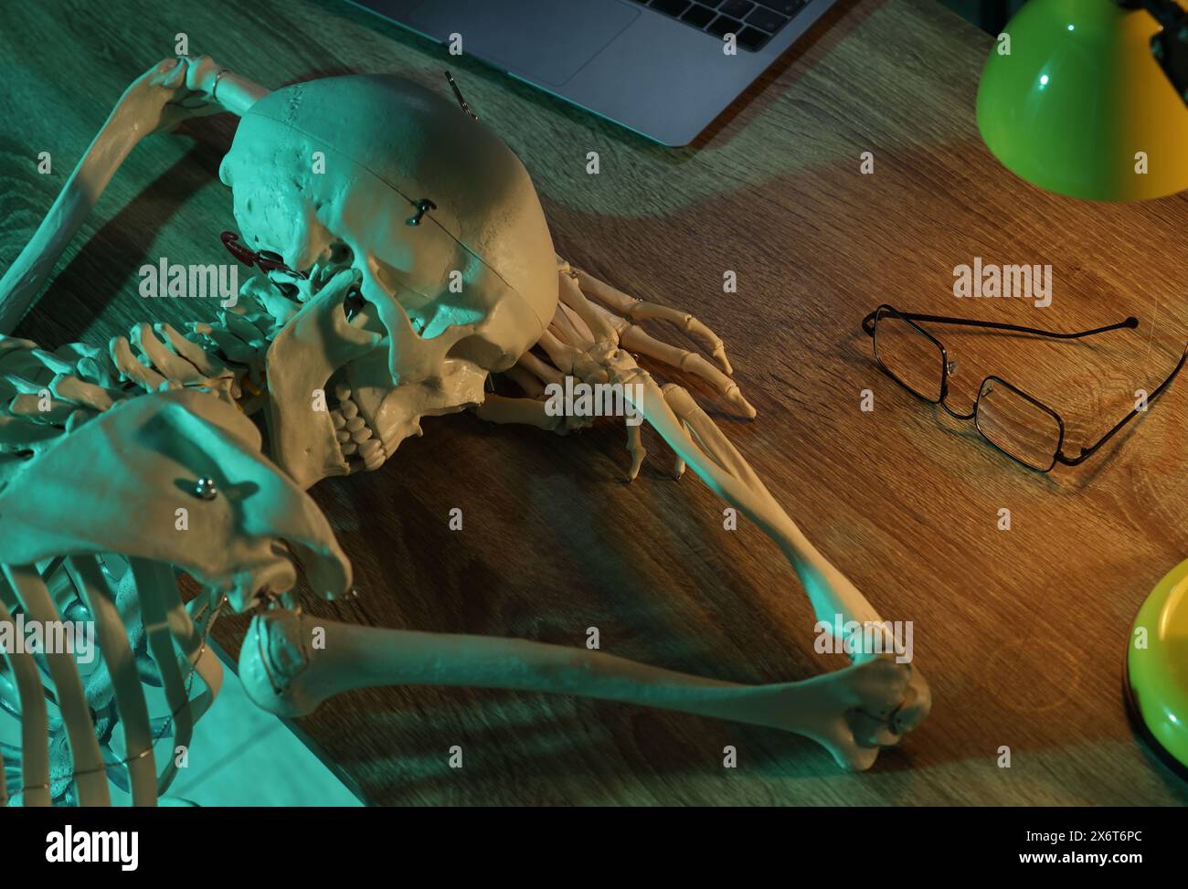 Waiting concept. Human skeleton sleeping at wooden table with laptop ...