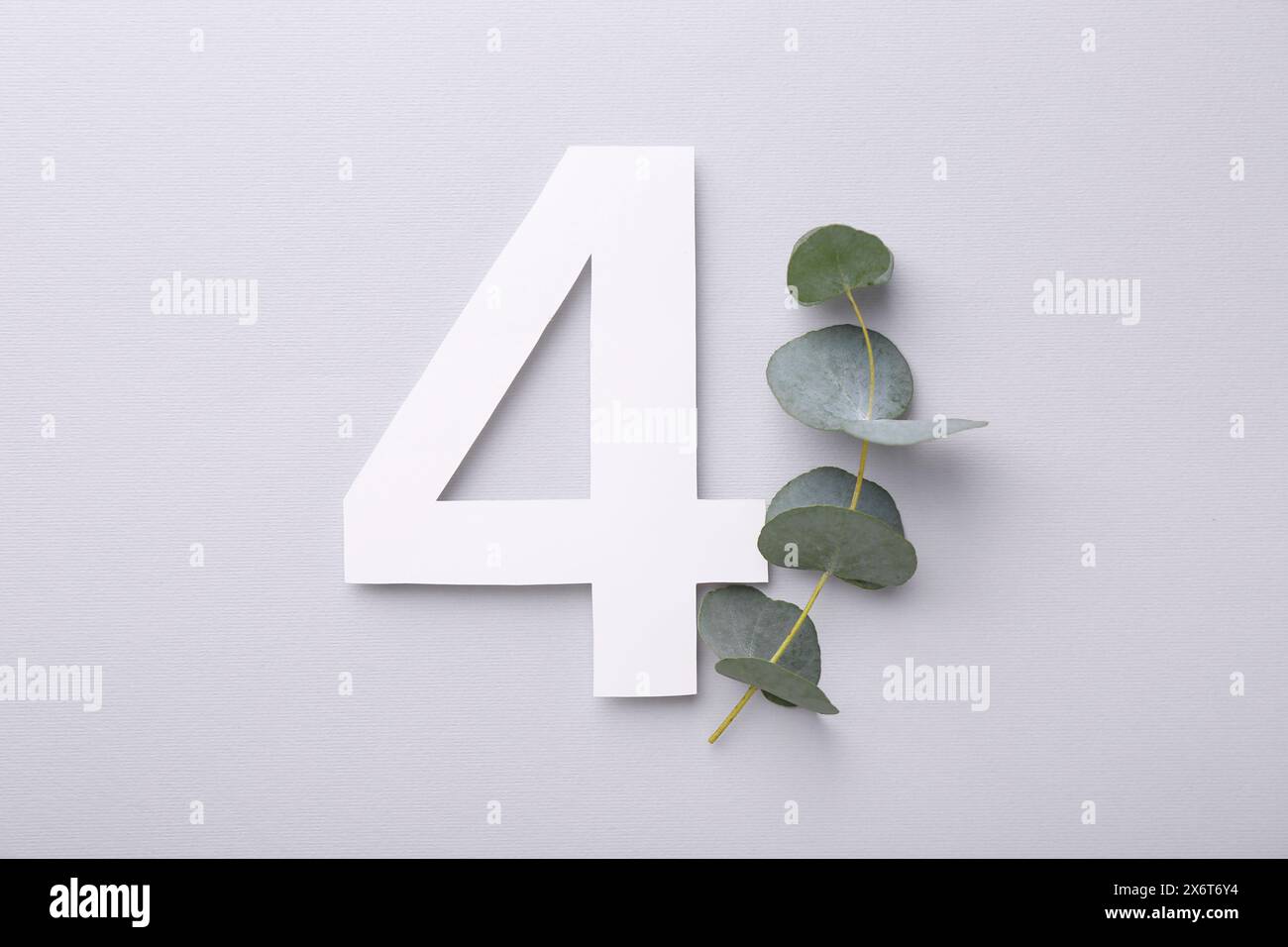 Paper number 4 and eucalyptus branch on light grey background, top view ...