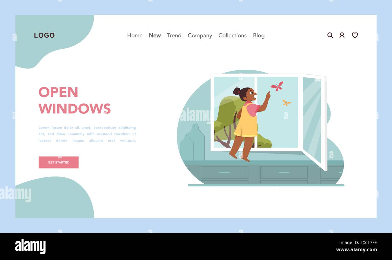 Fall prevention scene. Curious little girl reaching out of open window ...