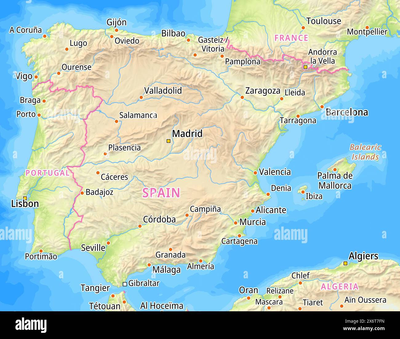 Map of Spain showing the country with relief representation, rivers ...
