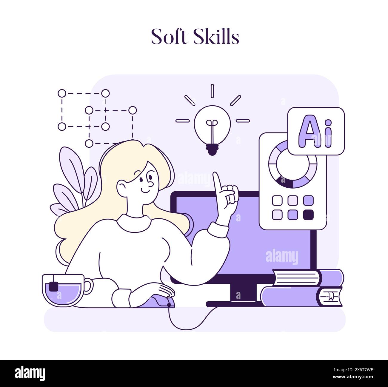 Soft Skills concept. A serene vector illustration of a woman crafting designs, symbolizing the ...