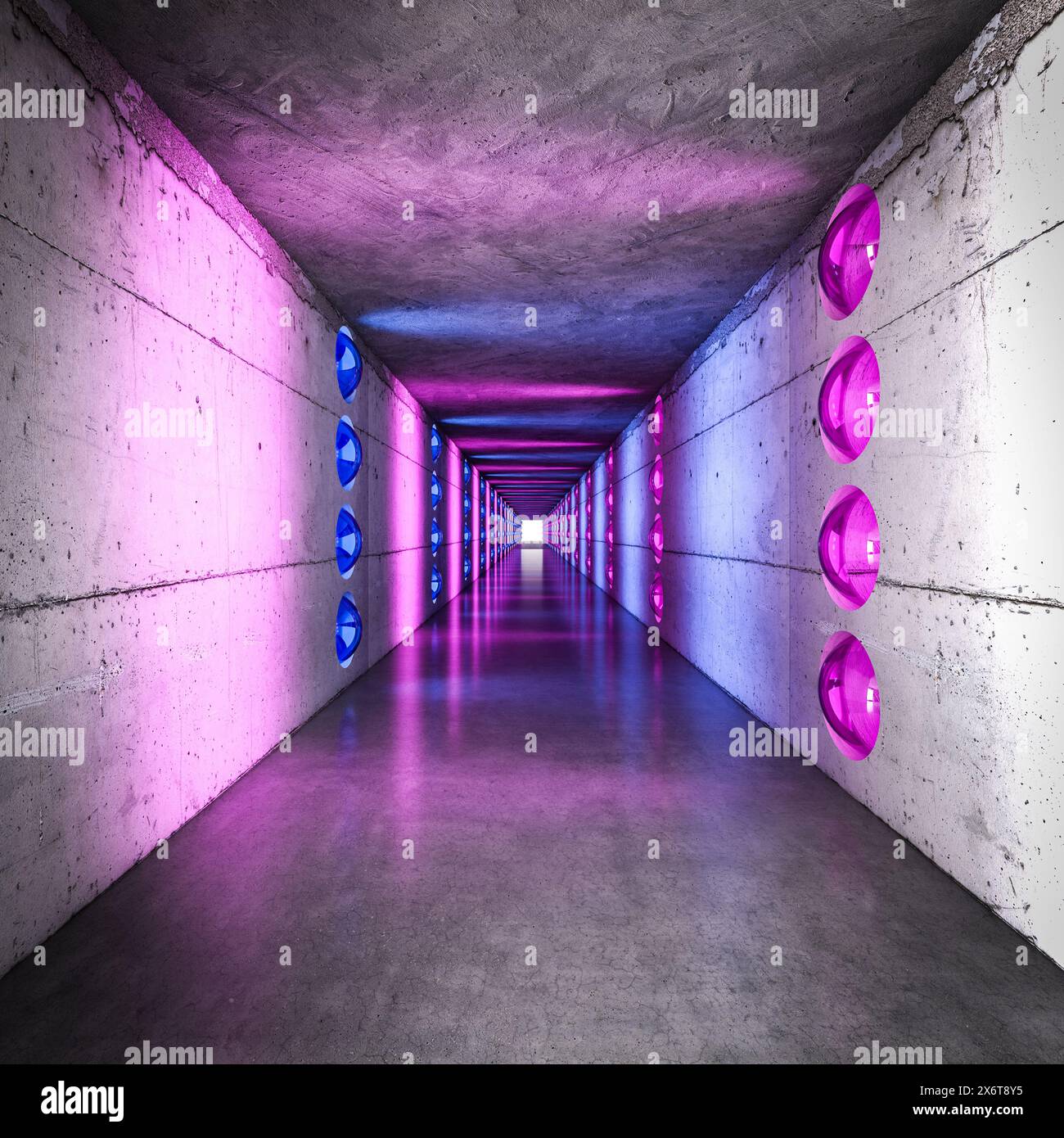 Long corridor concrete walls illuminated colorful circular lights Stock ...