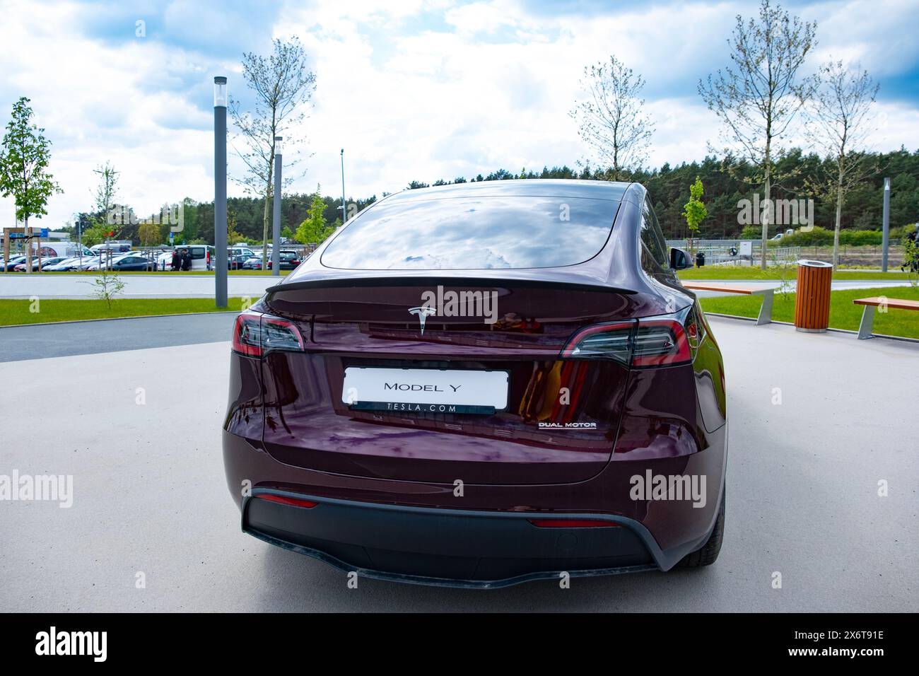 burgundy Tesla model y electric car front Gigafactory Berlin ...