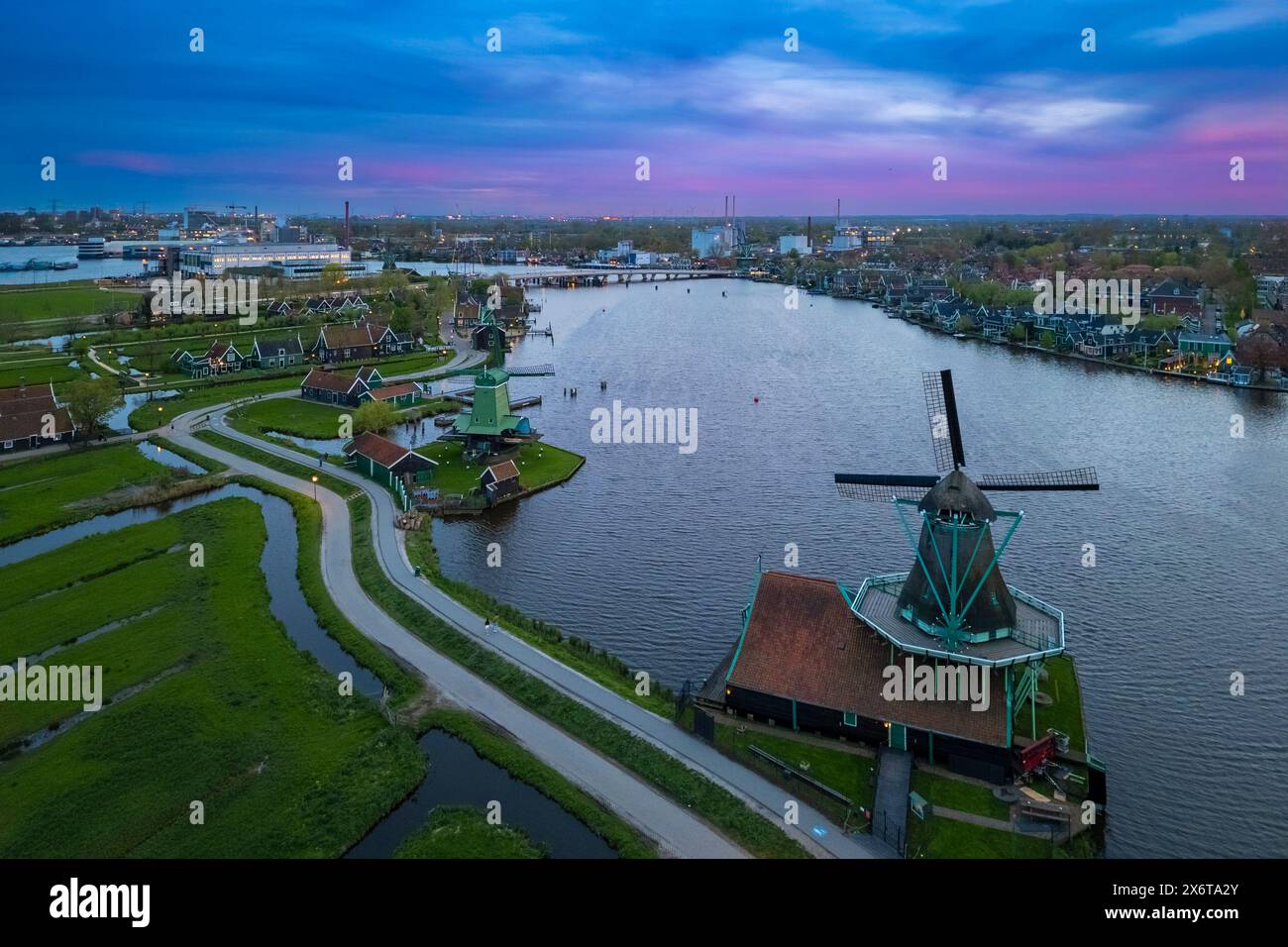 Aerial view of the typical windmills of Zaanse Schans in spring. Zaanse ...