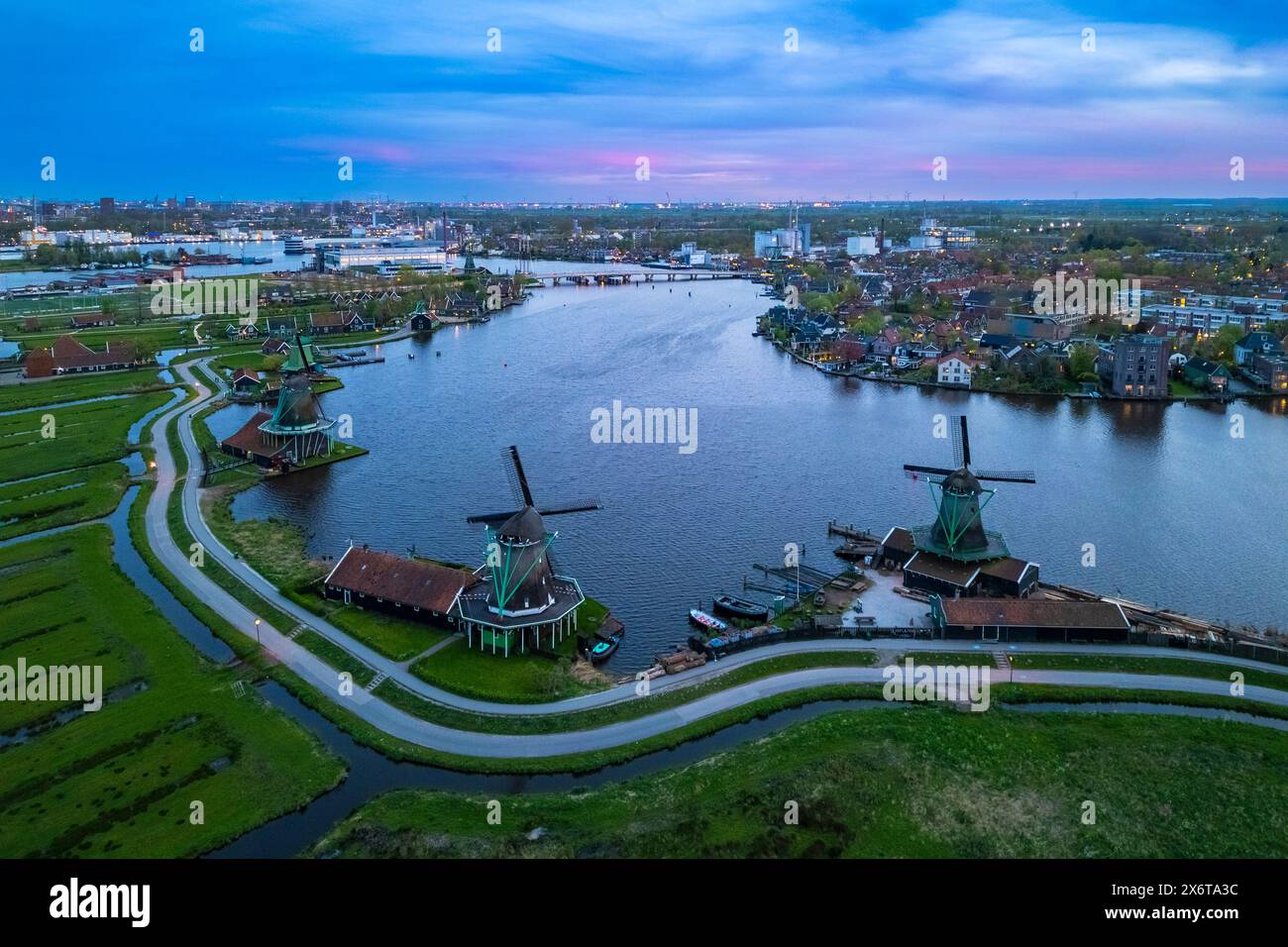 Aerial view of the typical windmills of Zaanse Schans in spring. Zaanse ...