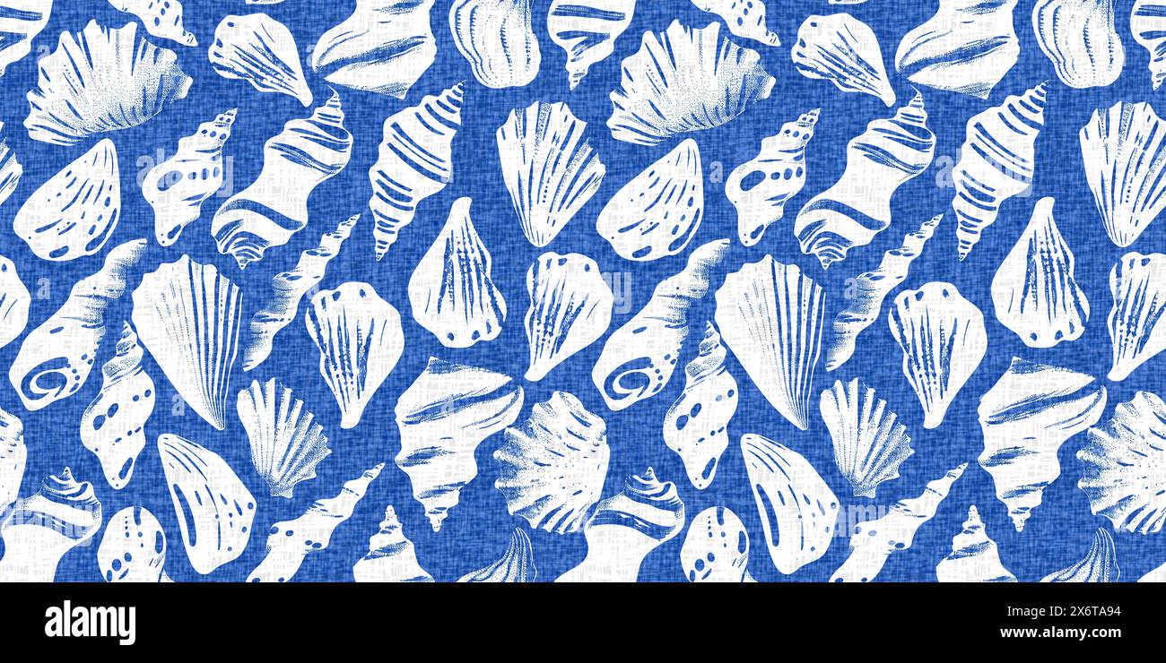 Azure blue white shell motif with linen seamless batik border ...