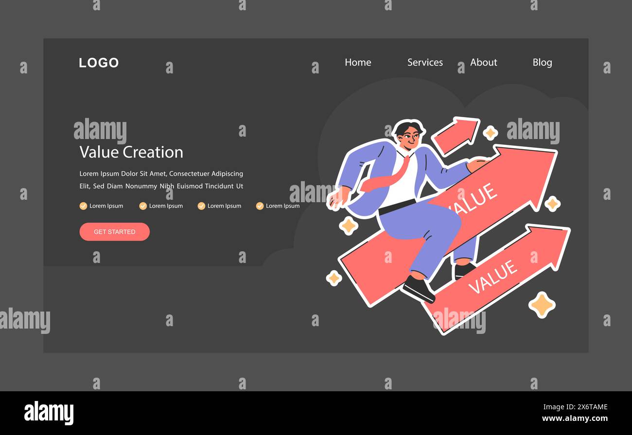 Enthusiastic businessman rides upward arrows labeled Value dark or ...