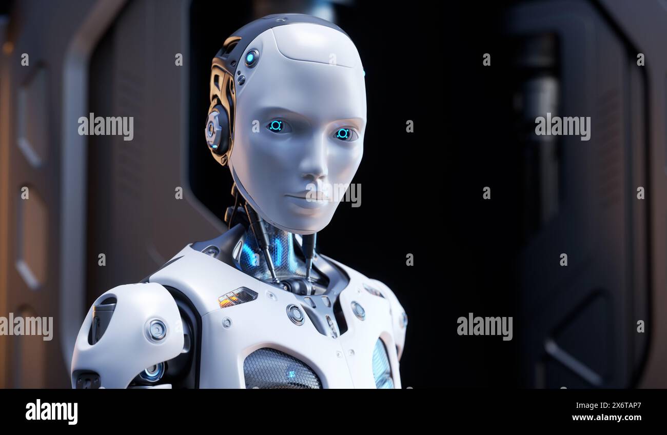 Portrait of robot, android face, Artificial intelligence concept render ...