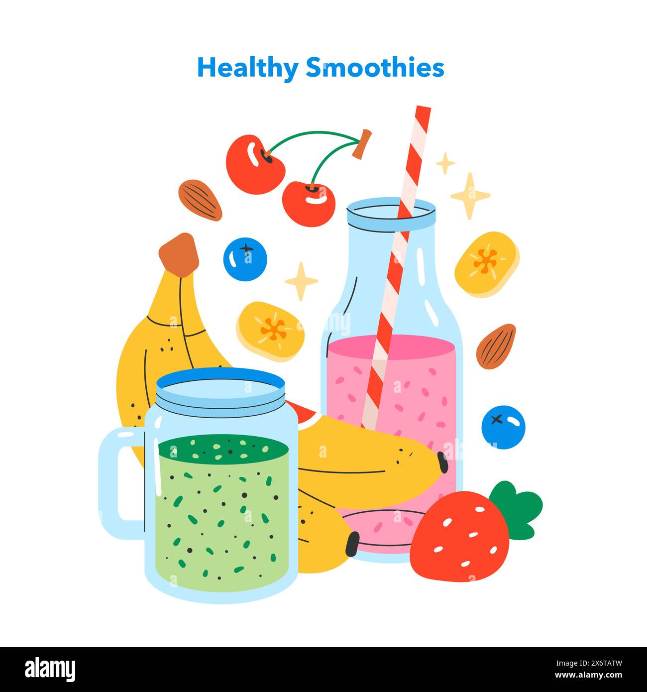 Healthy Snacking concept. Vector illustration of fruit smoothies with ...