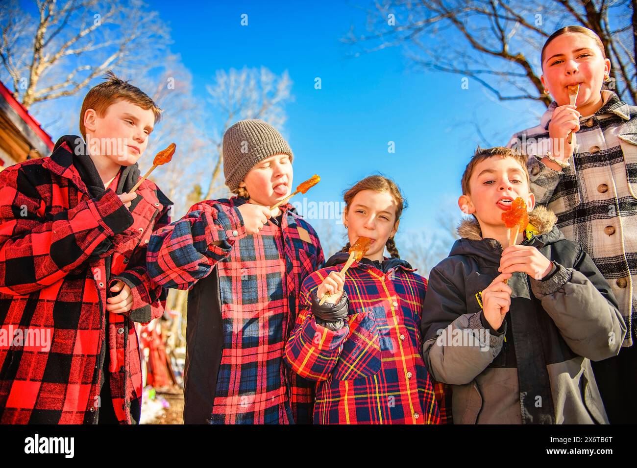 Photo showing children tasting maple syrup with wooden spoon Stock ...
