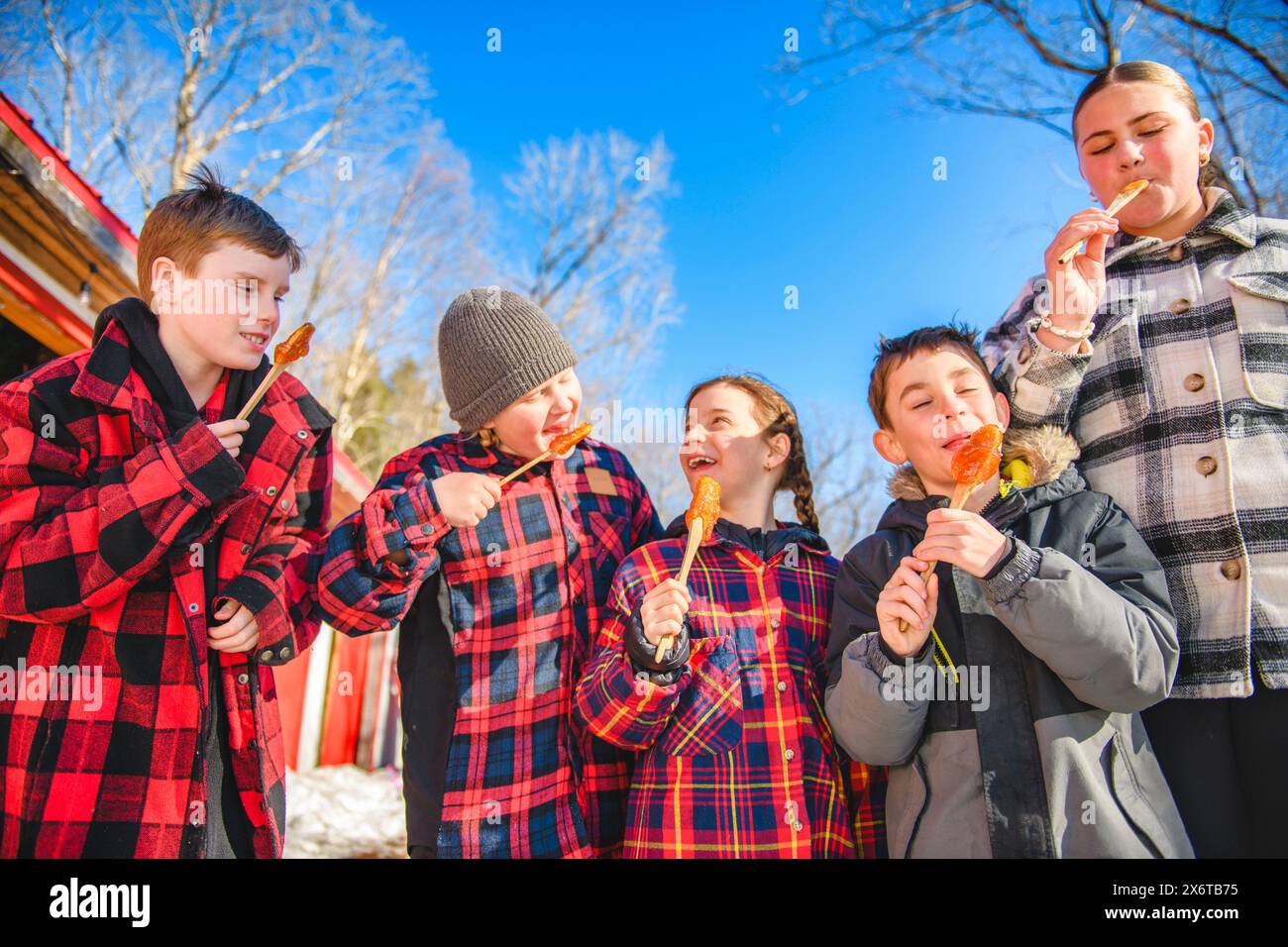 Photo showing children tasting maple syrup with wooden spoon Stock ...